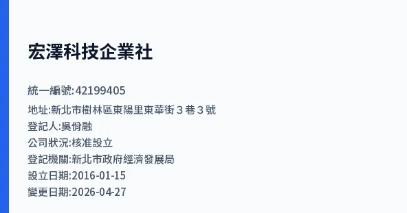 宏澤科技企業社的照片-統編 42199405(新北市) 公司登記資料與營業項目詳細圖表
