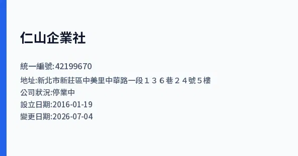 仁山企業社的照片-統編 42199670(新北市) 公司登記資料與營業項目詳細圖表
