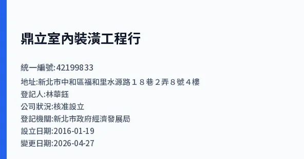 鼎立室內裝潢工程行的照片-統編 42199833(新北市) 公司登記資料與營業項目詳細圖表