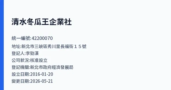 清水冬瓜王企業社的照片-統編 42200070(新北市) 公司登記資料與營業項目詳細圖表