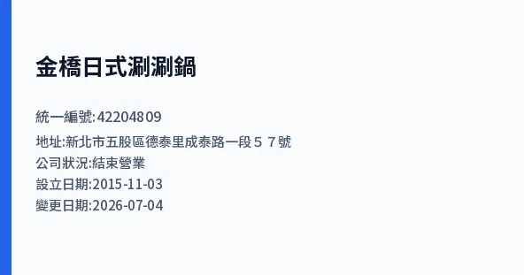 金橋日式涮涮鍋的照片-統編 42204809(新北市) 公司登記資料與營業項目詳細圖表