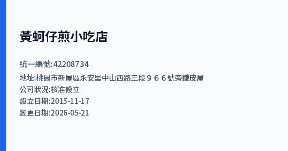 黃蚵仔煎小吃店的照片-統編 42208734(桃園市) 公司登記資料與營業項目詳細圖表