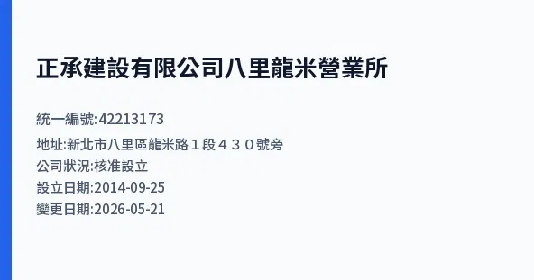 正承建設有限公司八里龍米營業所的照片-統編 42213173(新北市) 公司登記資料與營業項目詳細圖表