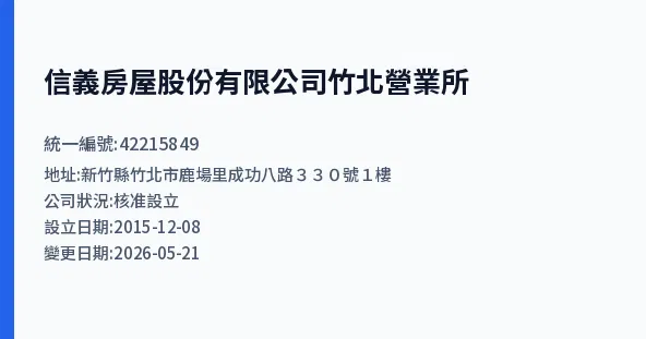 信義房屋股份有限公司竹北營業所的照片-統編 42215849(新竹縣) 公司登記資料與營業項目詳細圖表