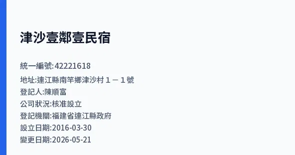 津沙壹鄰壹民宿的照片-統編 42221618(連江縣) 公司登記資料與營業項目詳細圖表