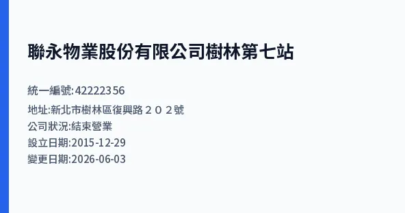 聯永物業股份有限公司樹林第七站的照片-統編 42222356(新北市) 公司登記資料與營業項目詳細圖表