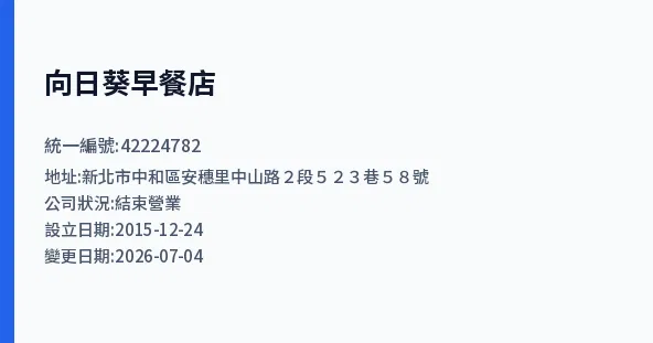 向日葵早餐店的照片-統編 42224782(新北市) 公司登記資料與營業項目詳細圖表