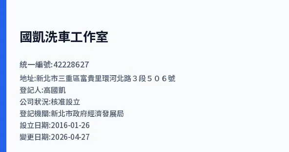 國凱洗車工作室的照片-統編 42228627(新北市) 公司登記資料與營業項目詳細圖表