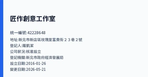 匠作創意工作室的照片-統編 42228648(新北市) 公司登記資料與營業項目詳細圖表