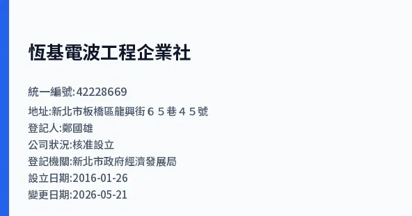 恆基電波工程企業社的照片-統編 42228669(新北市) 公司登記資料與營業項目詳細圖表