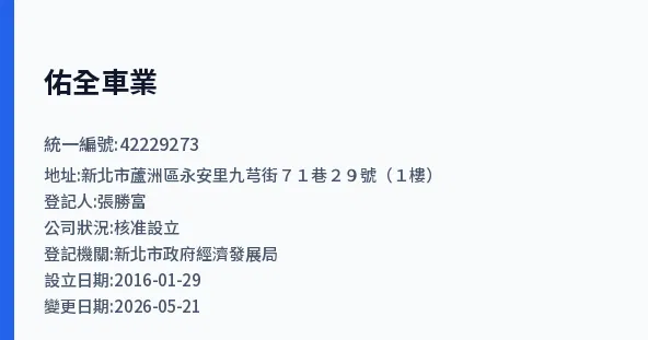 佑全車業的照片-統編 42229273(新北市) 公司登記資料與營業項目詳細圖表