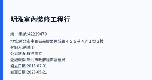明泓室內裝修工程行的照片-統編 42229479(新北市) 公司登記資料與營業項目詳細圖表