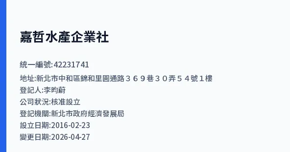 嘉哲水產企業社的照片-統編 42231741(新北市) 公司登記資料與營業項目詳細圖表