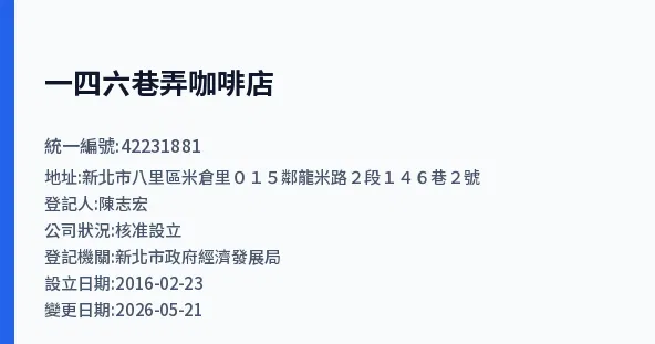 一四六巷弄咖啡店的照片-統編 42231881(新北市) 公司登記資料與營業項目詳細圖表