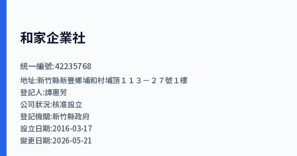 和家企業社的照片-統編 42235768(新竹縣) 公司登記資料與營業項目詳細圖表
