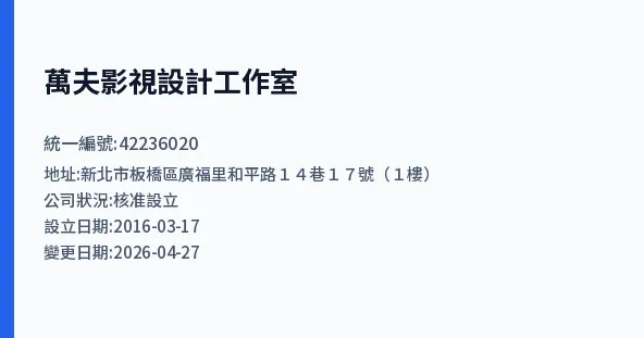 萬夫影視設計工作室的照片-統編 42236020(新北市) 公司登記資料與營業項目詳細圖表