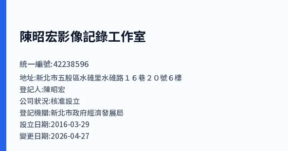 陳昭宏影像記錄工作室的照片-統編 42238596(新北市) 公司登記資料與營業項目詳細圖表