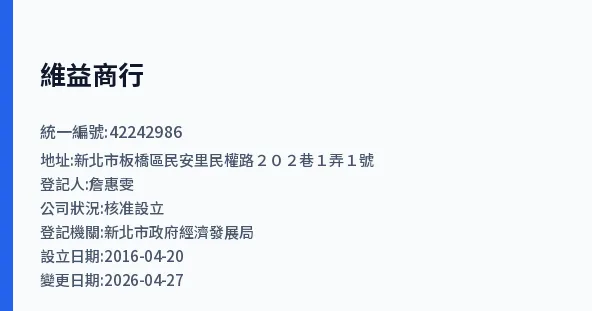 維益商行的照片-統編 42242986(新北市) 公司登記資料與營業項目詳細圖表