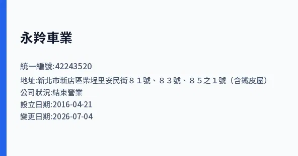 永羚車業的照片-統編 42243520(新北市) 公司登記資料與營業項目詳細圖表