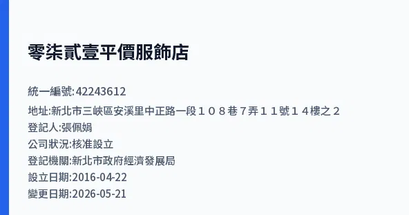零柒貳壹平價服飾店的照片-統編 42243612(新北市) 公司登記資料與營業項目詳細圖表