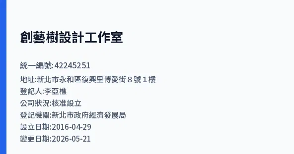 創藝樹設計工作室的照片-統編 42245251(新北市) 公司登記資料與營業項目詳細圖表