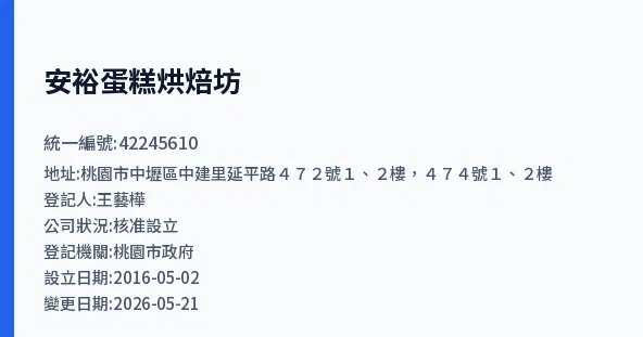 安裕蛋糕烘焙坊的照片-統編 42245610(桃園市) 公司登記資料與營業項目詳細圖表