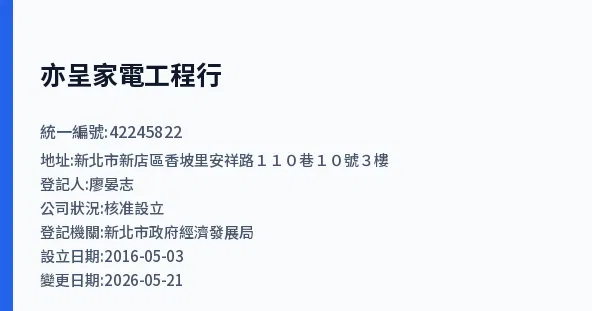 亦呈家電工程行的照片-統編 42245822(新北市) 公司登記資料與營業項目詳細圖表