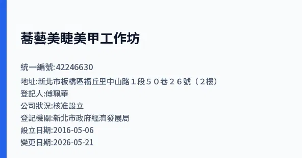 蕎藝美睫美甲工作坊的照片-統編 42246630(新北市) 公司登記資料與營業項目詳細圖表