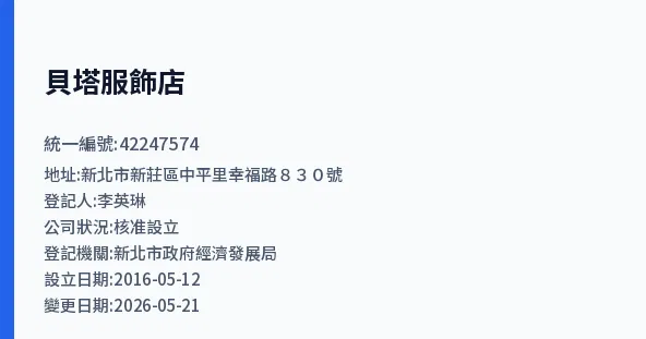 貝塔服飾店的照片-統編 42247574(新北市) 公司登記資料與營業項目詳細圖表