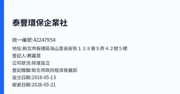 泰豐環保企業社的照片-統編 42247954(新北市) 公司登記資料與營業項目詳細圖表