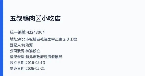 五叔鴨肉焿小吃店的照片-統編 42248004(新北市) 公司登記資料與營業項目詳細圖表