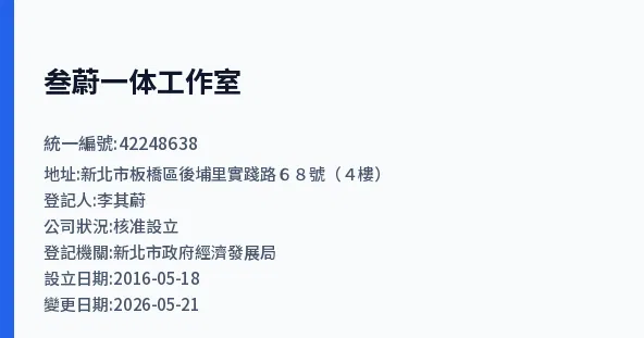 叁蔚一体工作室的照片-統編 42248638(新北市) 公司登記資料與營業項目詳細圖表