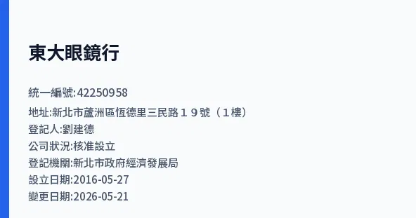 東大眼鏡行的照片-統編 42250958(新北市) 公司登記資料與營業項目詳細圖表