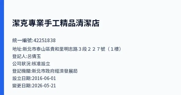 潔克專業手工精品清潔店的照片-統編 42251838(新北市) 公司登記資料與營業項目詳細圖表