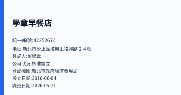 學章早餐店的照片-統編 42252674(新北市) 公司登記資料與營業項目詳細圖表
