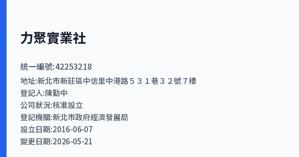 力聚實業社的照片-統編 42253218(新北市) 公司登記資料與營業項目詳細圖表