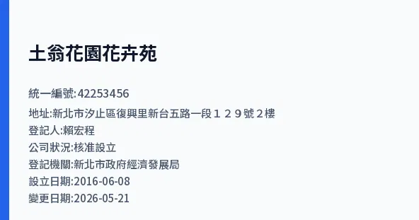 土翁花園花卉苑的照片-統編 42253456(新北市) 公司登記資料與營業項目詳細圖表