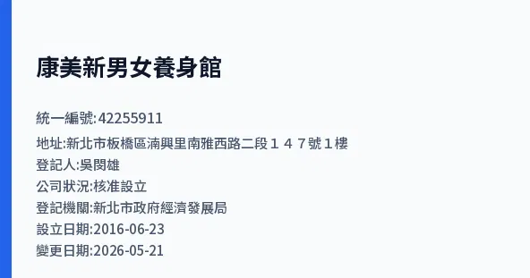 康美新男女養身館的照片-統編 42255911(新北市) 公司登記資料與營業項目詳細圖表