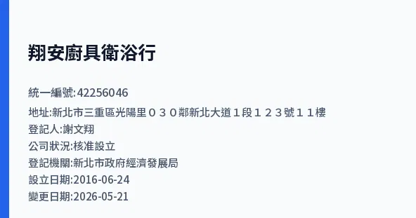 翔安廚具衛浴行的照片-統編 42256046(新北市) 公司登記資料與營業項目詳細圖表