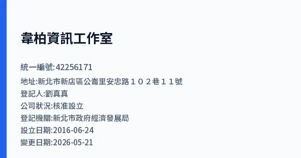 韋柏資訊工作室的照片-統編 42256171(新北市) 公司登記資料與營業項目詳細圖表