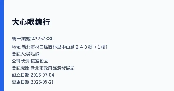 大心眼鏡行的照片-統編 42257880(新北市) 公司登記資料與營業項目詳細圖表