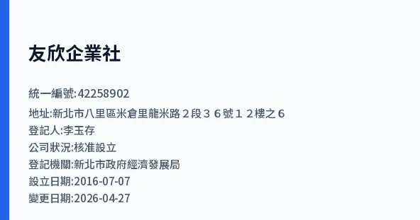 友欣企業社的照片-統編 42258902(新北市) 公司登記資料與營業項目詳細圖表