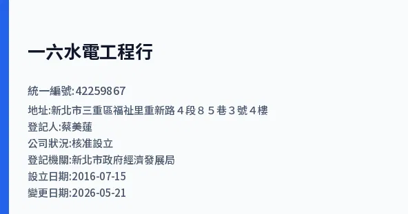 一六水電工程行的照片-統編 42259867(新北市) 公司登記資料與營業項目詳細圖表