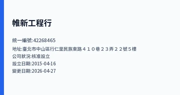 帷新工程行的照片-統編 42268465(臺北市) 公司登記資料與營業項目詳細圖表