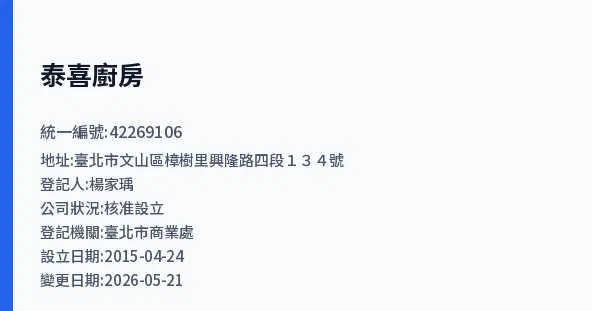 泰喜廚房的照片-統編 42269106(臺北市) 公司登記資料與營業項目詳細圖表