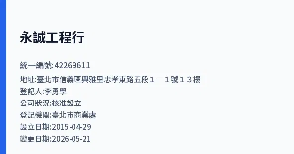 永誠工程行的照片-統編 42269611(臺北市) 公司登記資料與營業項目詳細圖表