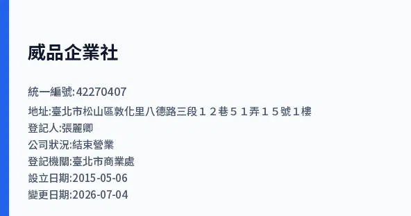 威品企業社的照片-統編 42270407(臺北市) 公司登記資料與營業項目詳細圖表