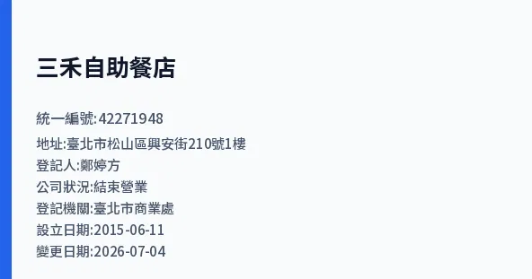三禾自助餐店的照片-統編 42271948(臺北市) 公司登記資料與營業項目詳細圖表