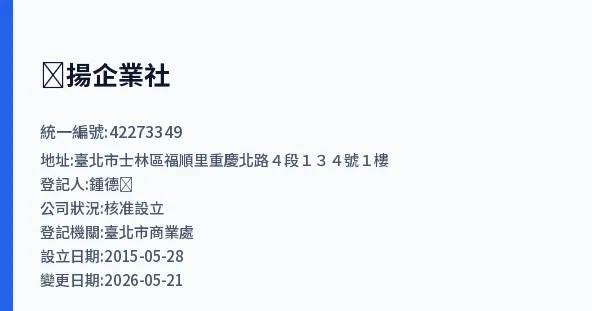 勲揚企業社的照片-統編 42273349(臺北市) 公司登記資料與營業項目詳細圖表