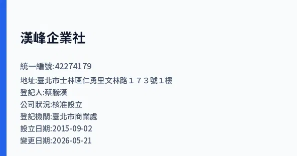 漢峰企業社的照片-統編 42274179(臺北市) 公司登記資料與營業項目詳細圖表